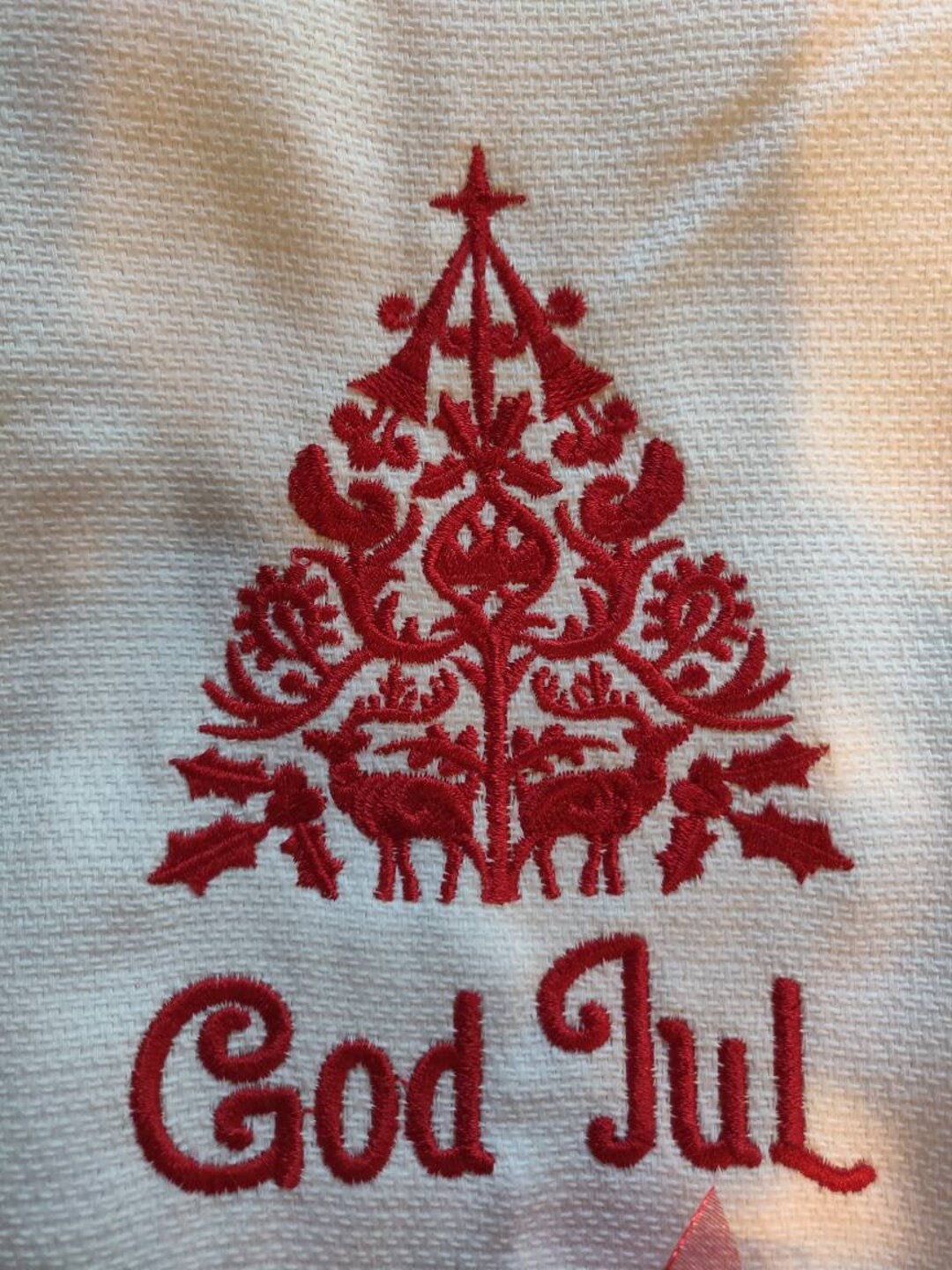 Custom Embroidered Tea Towel "god Jul" Folkart Tree Scandinavian ...