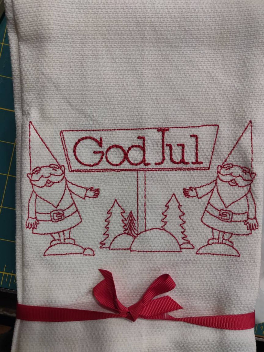 Custom Embroidered Tea Towel "god Jul" Gnome Redwork Scandinavian ...