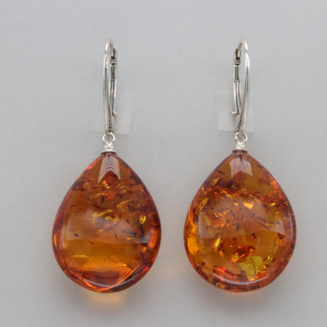 Cognac / Brown Drop / Teardrop BALTIC AMBER Dangle Earrings in 925 ...