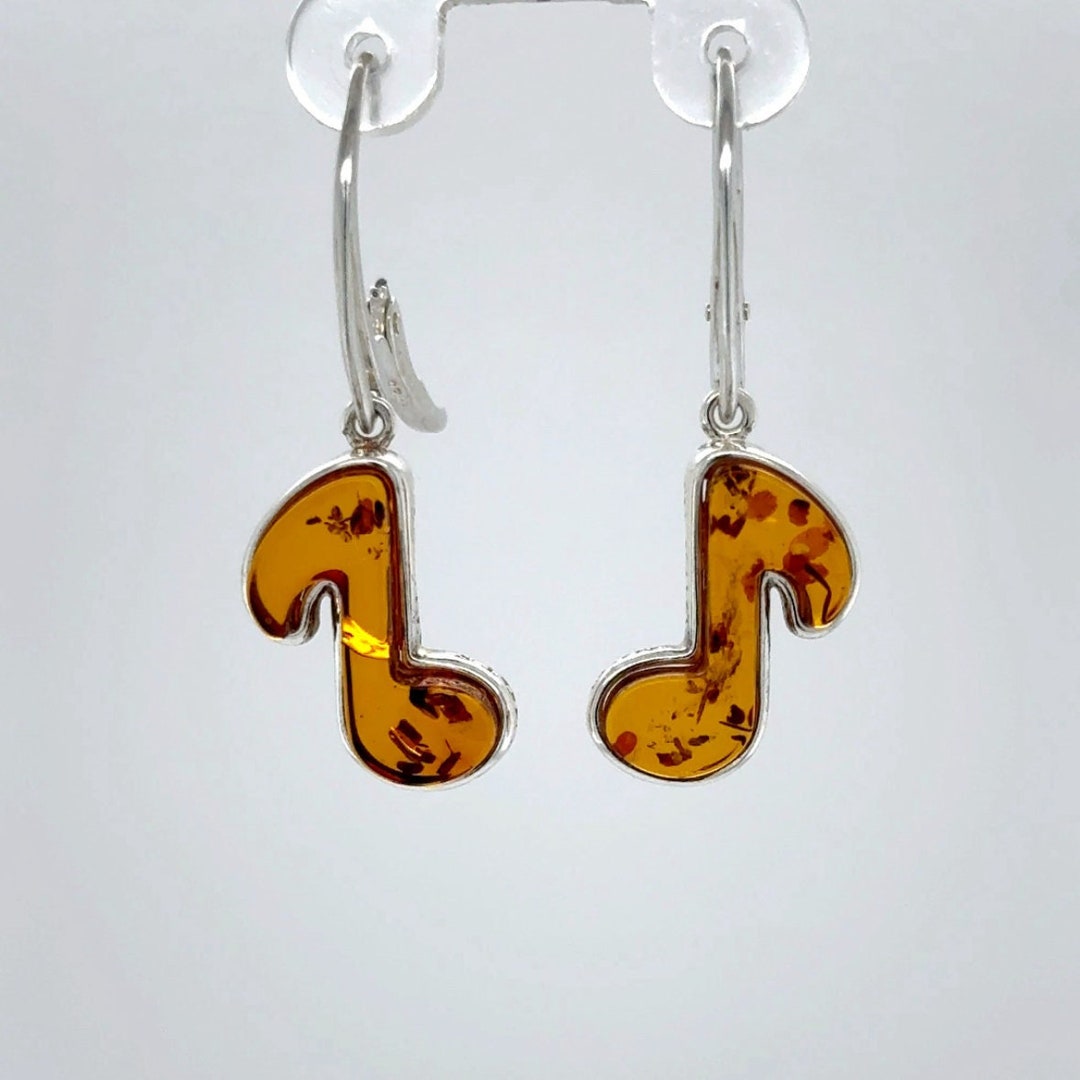 Cognac / Brown BALTIC AMBER Musical Note Dangle Leverback Earrings 925 ...