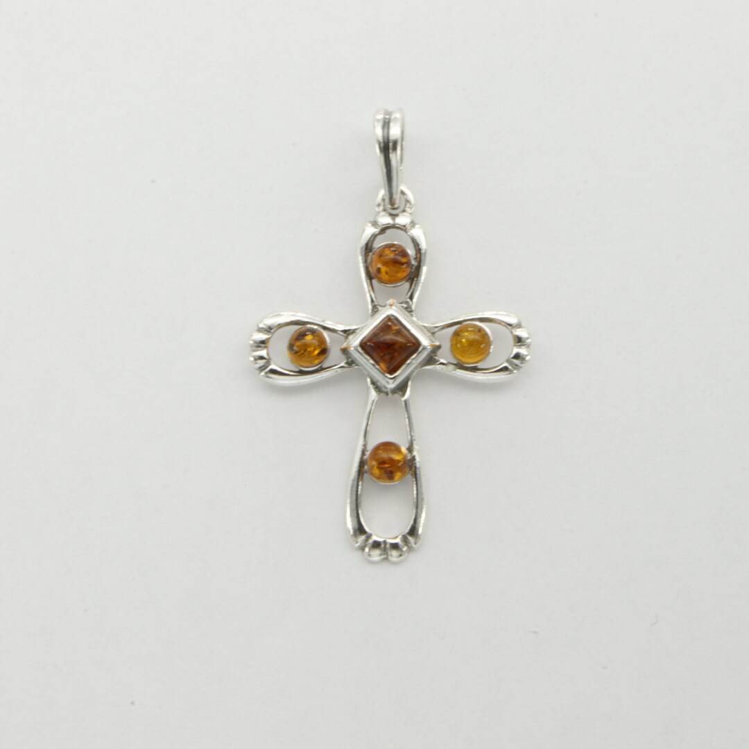 Cognac / Brown BALTIC AMBER Cross Pendant in 925 Sterling Silver ...
