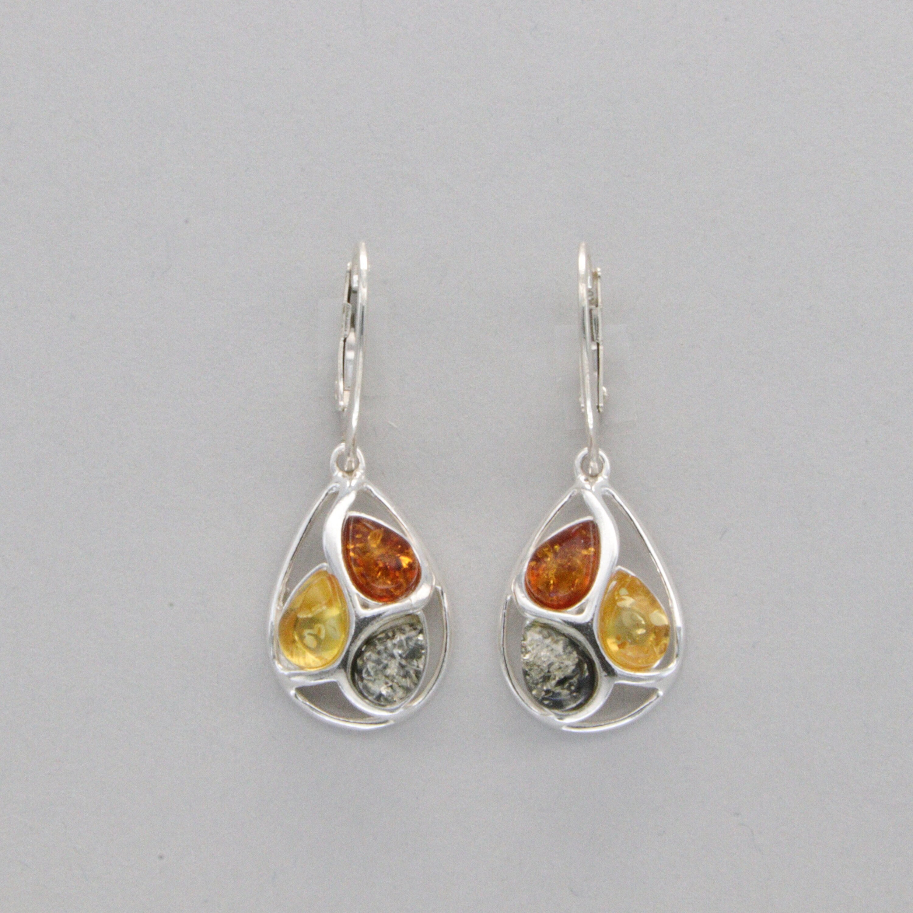 StoneAndRox Multi Color Baltic Amber Teardrop Leverback Earrings 925 Sterling Silver Genuine and Natural Gemstone Poland Fossilized Resin