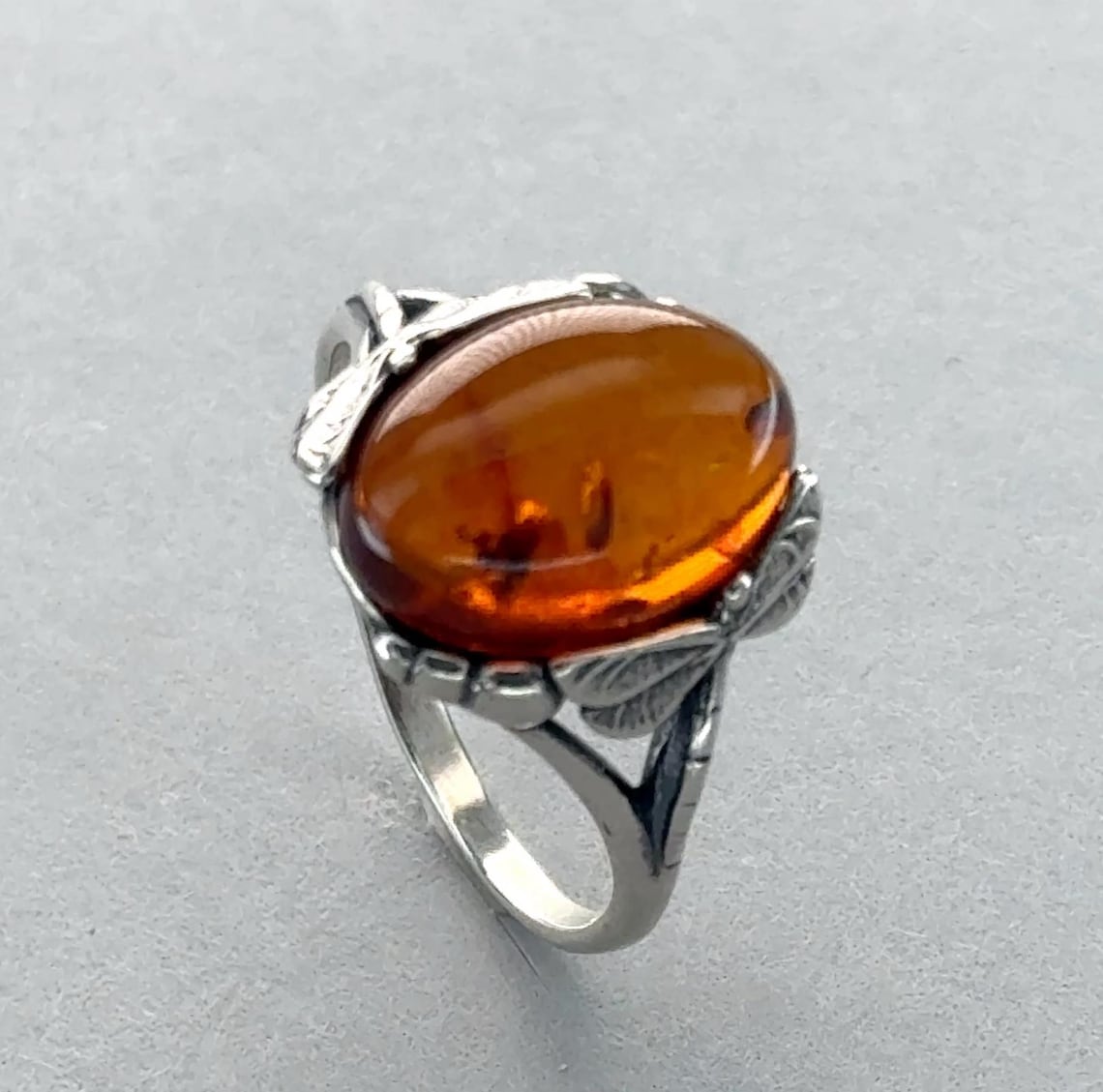 Oval Cognac / Brown BALTIC AMBER Dragonfly Ring 925 Sterling Silver ...