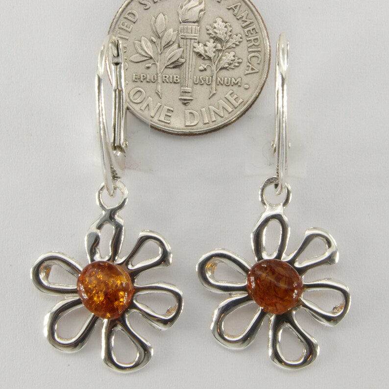 Baltic Amber Flower Earrings: Cognac Brown Sterling Silver Leverbacks ...
