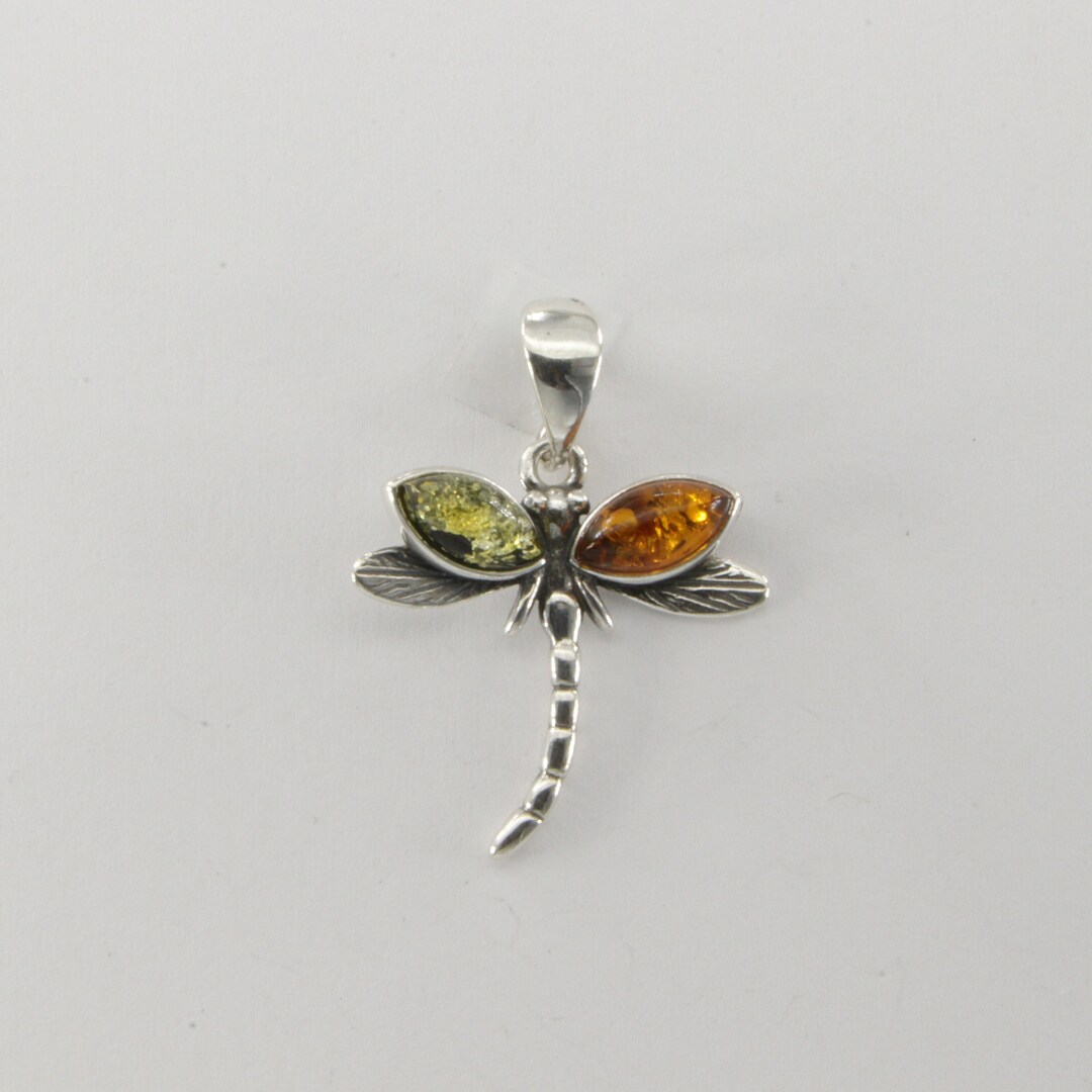 Multi-color BALTIC AMBER Dragonfly Pendant in 925 Sterling Silver ...