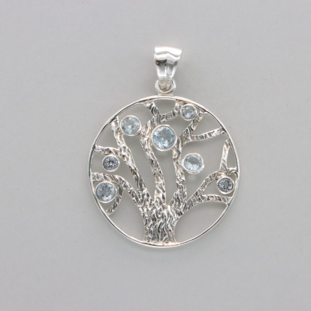 Round / Circle Blue Topaz Tree of Life Pendant - 925 Sterling Silver ...