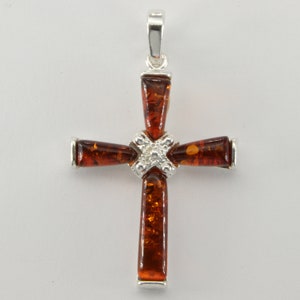 Cognac / Brown BALTIC AMBER Cross Pendant in 925 Sterling Silver ...