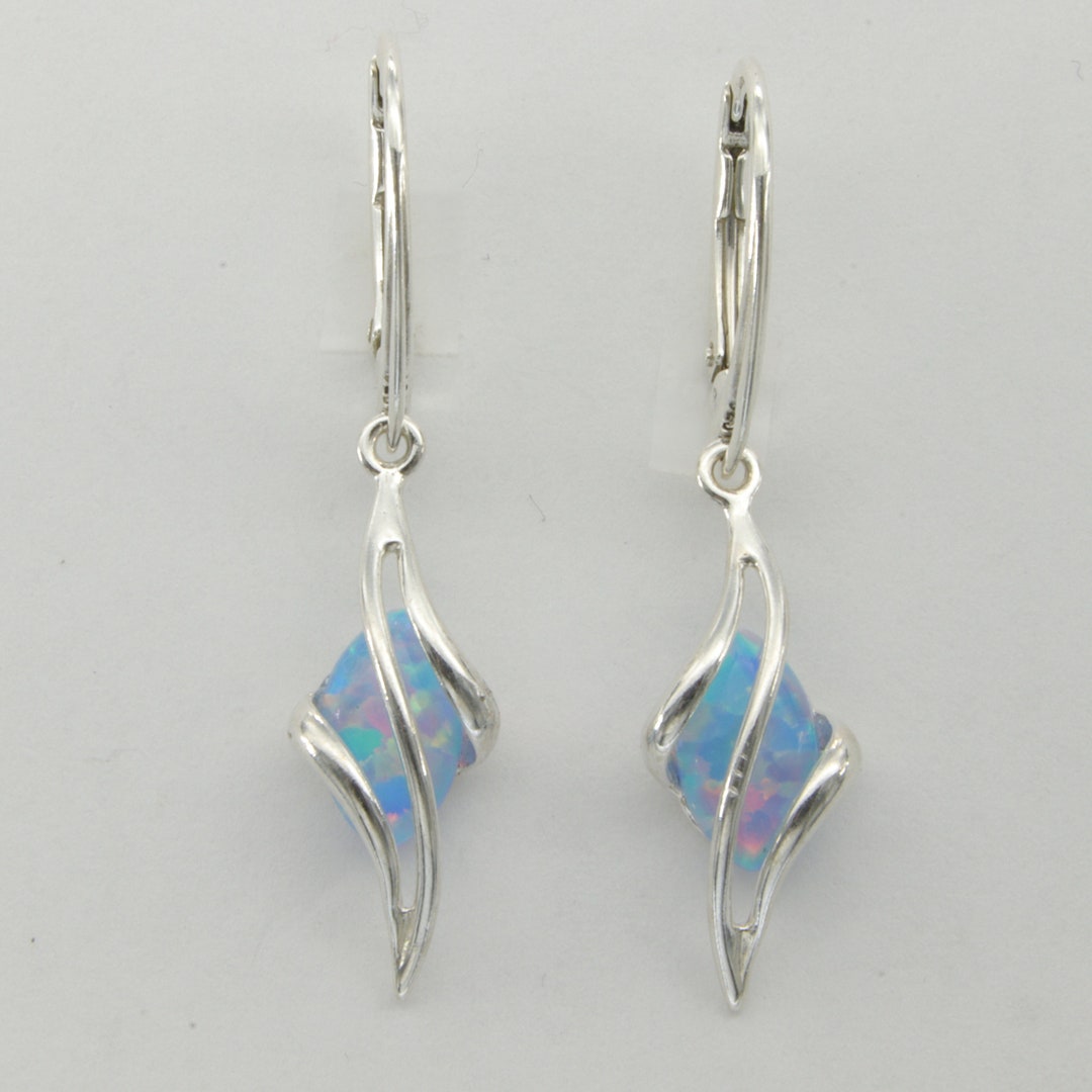 Oval Light Blue FIRE OPAL Dangle Earrings in 925 Sterling Silver ...