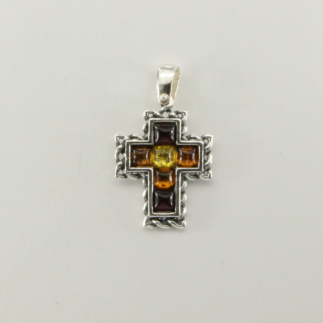 Multi-color BALTIC AMBER Cross Pendant in 925 Sterling Silver - Genuine ...