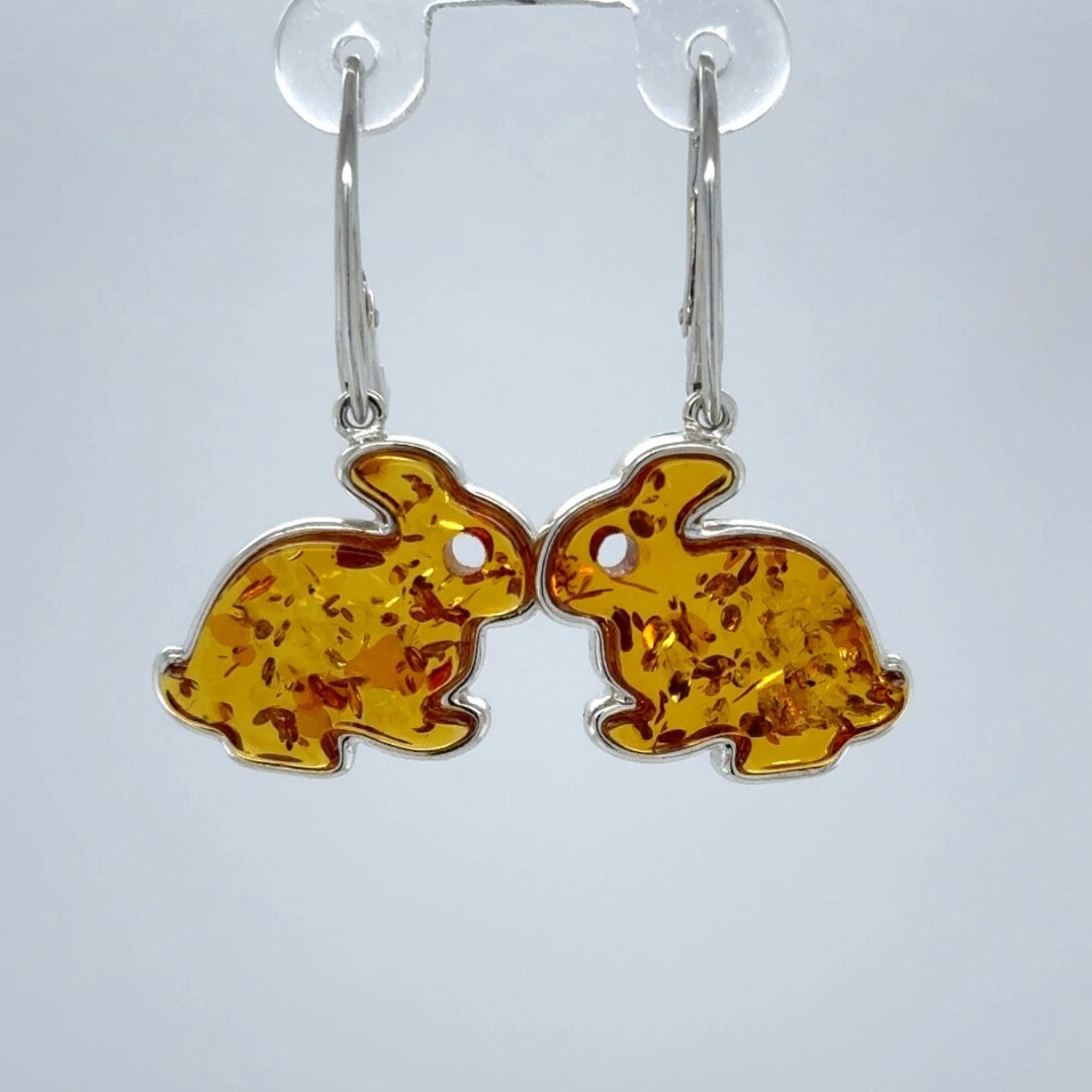 Cognac / Brown BALTIC AMBER Bunny Rabbit Easter Leverback Earrings 925 ...
