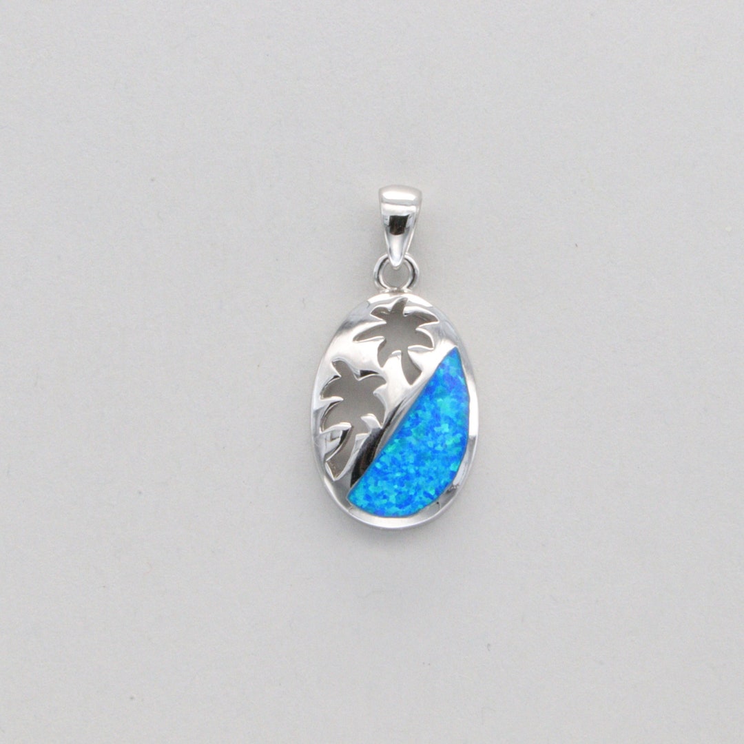 Oval Blue FIRE OPAL Palm Trees Pendant - 925 Sterling Silver With a ...