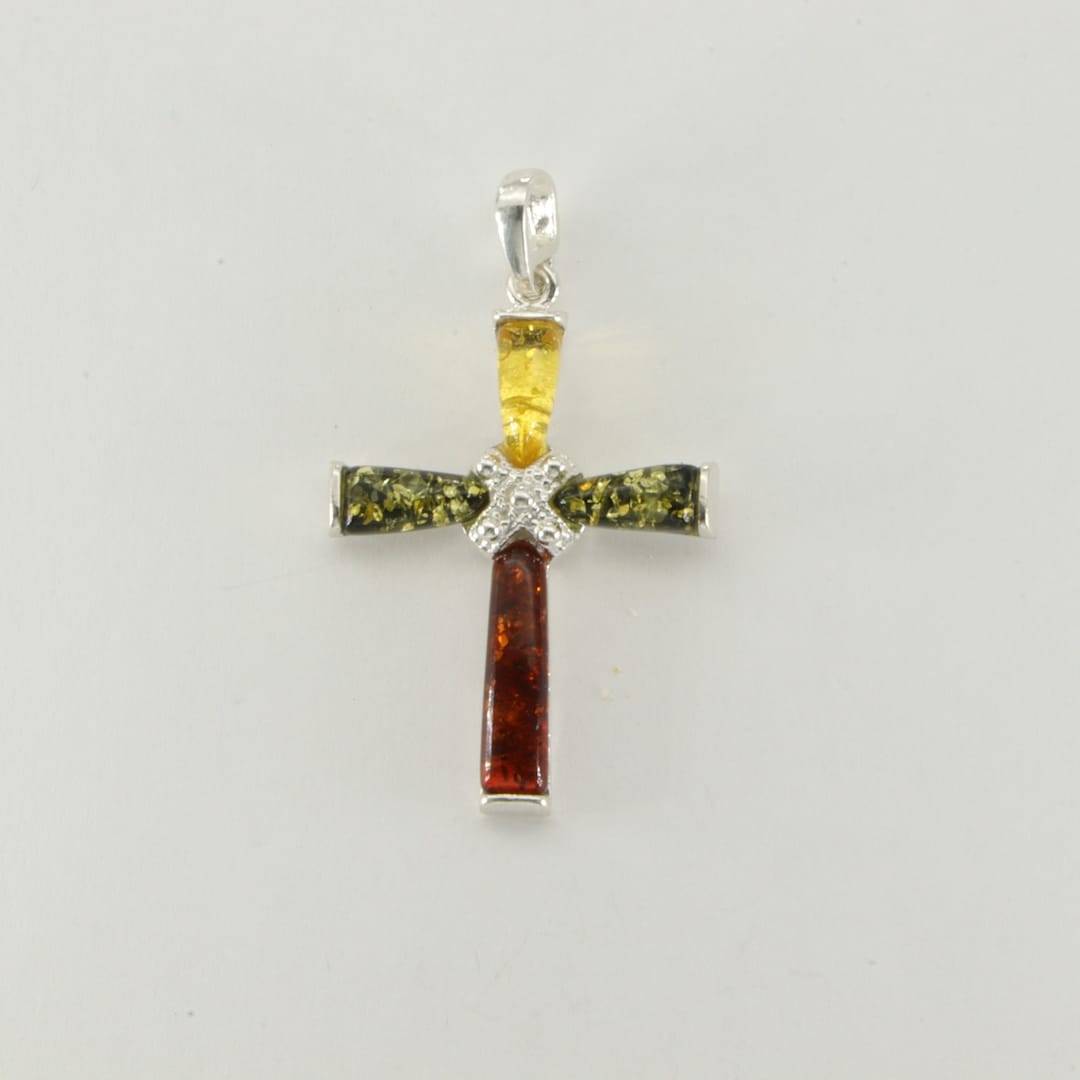 Multi-color BALTIC AMBER Cross Pendant in 925 Sterling Silver - Genuine ...