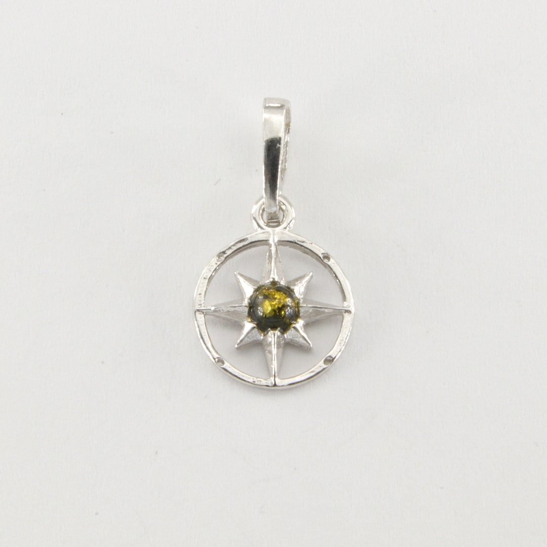 Small Green BALTIC AMBER Sea Compass Rose Pendant in 925 Sterling ...