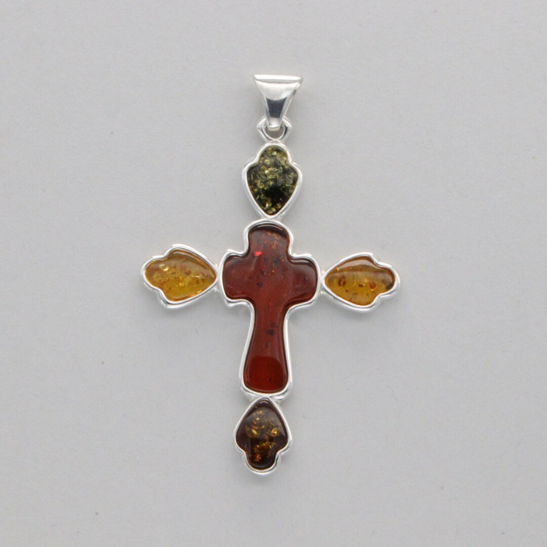 Baltic Amber Cross Pendant: Multi-color Sterling Silver Gemstone - Etsy
