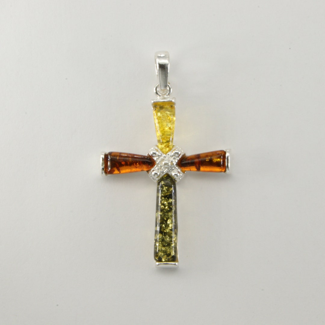 Multi-color BALTIC AMBER Cross Pendant in 925 Sterling Silver Genuine ...