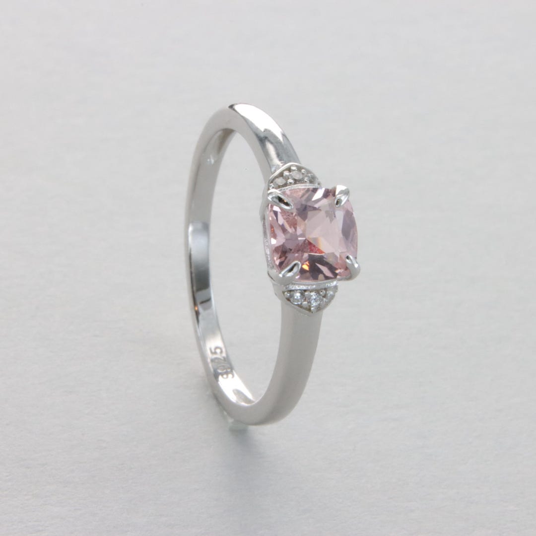 Morganite Ring: Square Pink Stone, Sterling Silver CZ Accents - Etsy