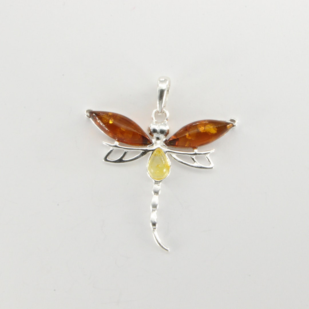 Multi-color BALTIC AMBER Dragonfly Pendant in 925 Sterling Silver ...