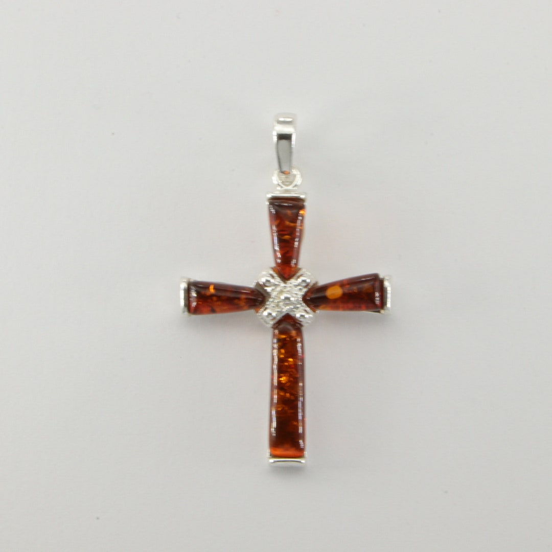 Cognac / Brown BALTIC AMBER Cross Pendant in 925 Sterling Silver ...