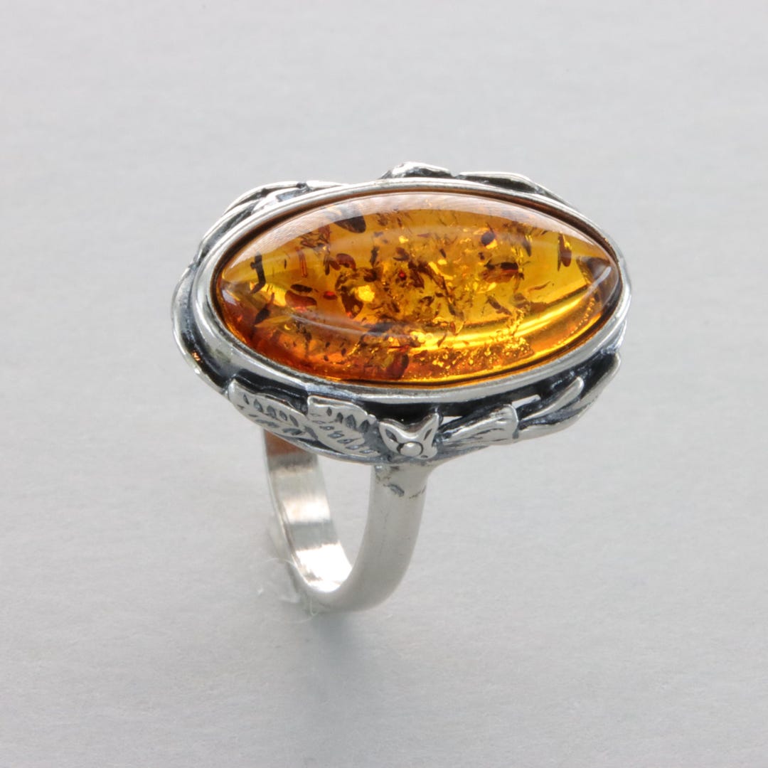 Oval Cognac / Brown BALTIC AMBER Flower Floral Ring 925 Sterling Silver ...