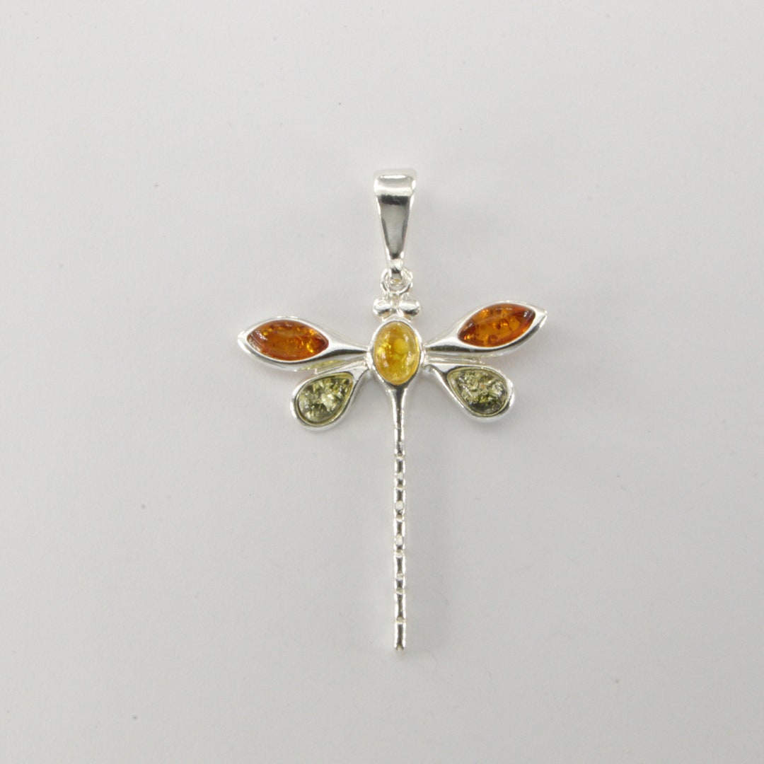 Multi-color BALTIC AMBER Dragonfly Pendant in 925 Sterling Silver ...