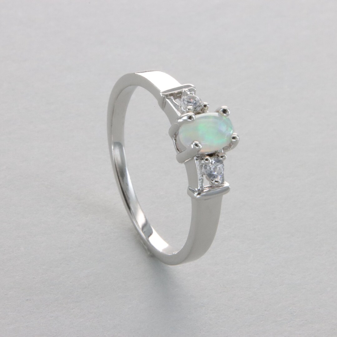 White Oval Fire OPAL Ring in 925 STERLING SILVER With 2 Cubic Zirconia ...