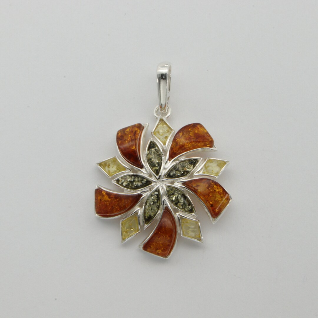 Multi-color BALTIC AMBER Swirl Flower Pendant in 925 Sterling Silver ...