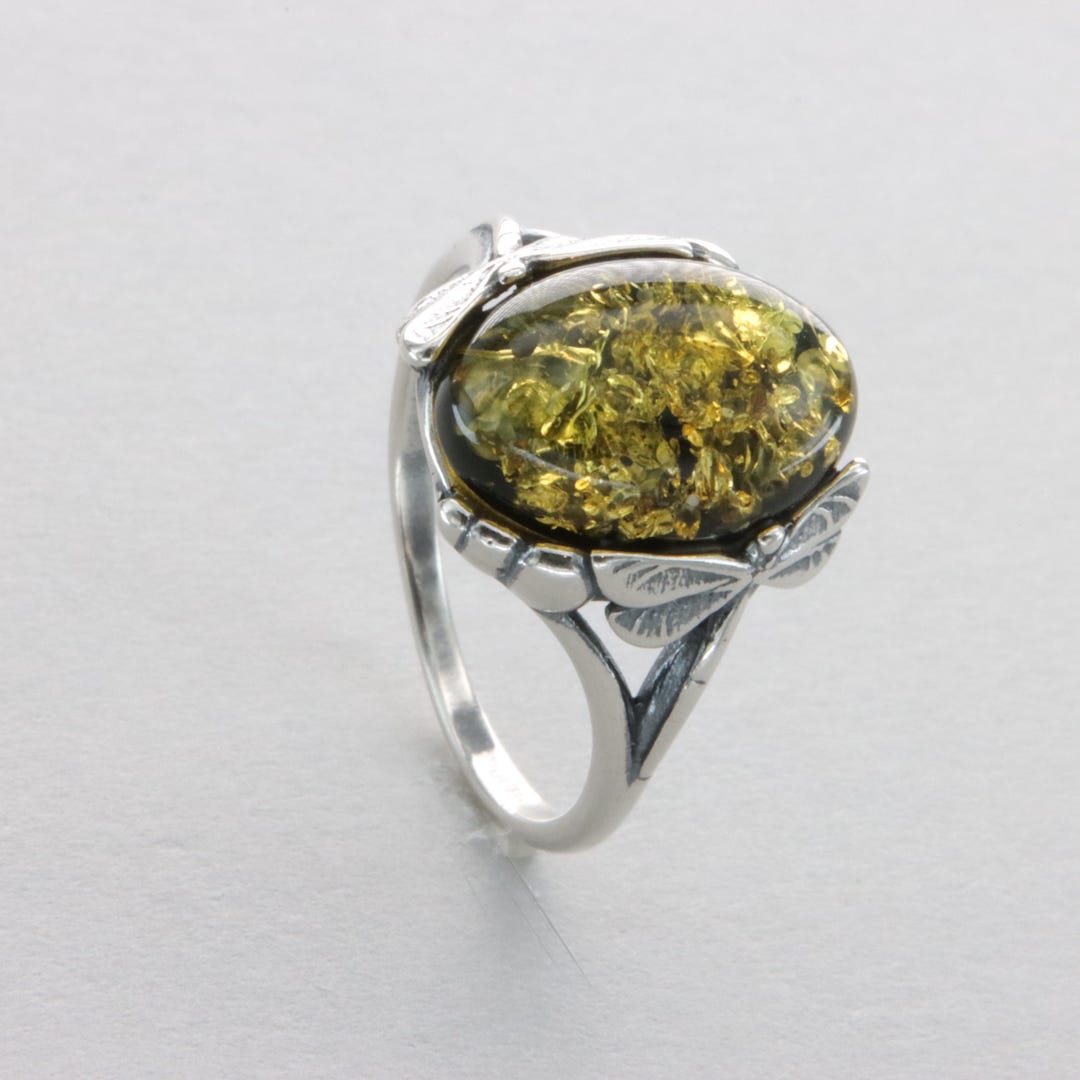 Oval Green Baltic Amber Dragonfly Ring - 925 Sterling Silver - Natural ...