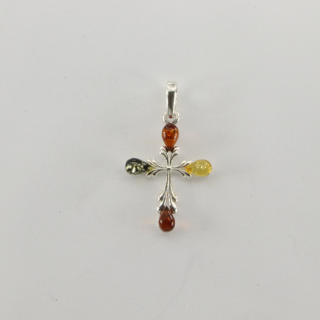 Multi-color BALTIC AMBER Cross Pendant in 925 Sterling Silver Natural ...