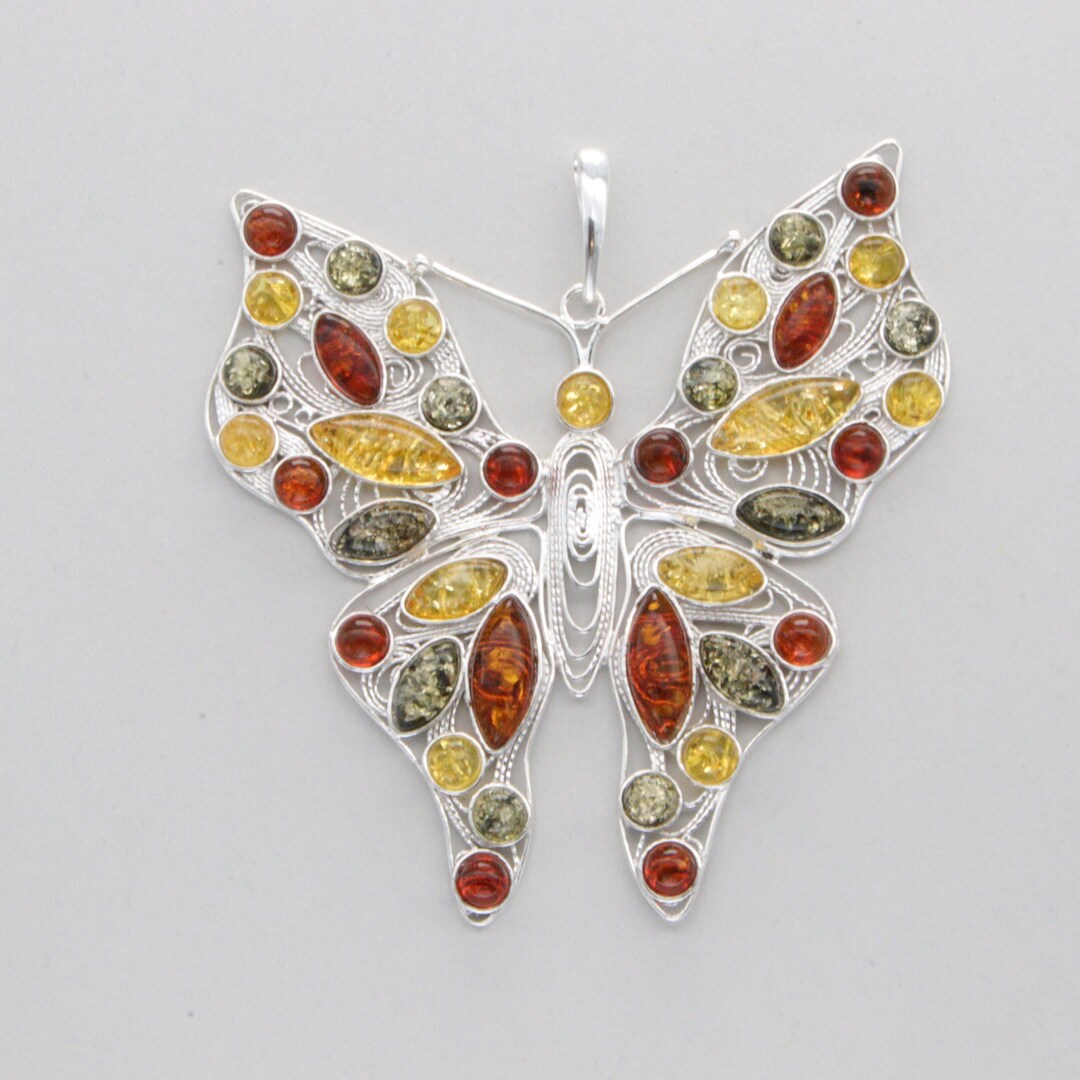 Large Multi-color BALTIC AMBER Butterfly Pendant in 925 Sterling Silver ...