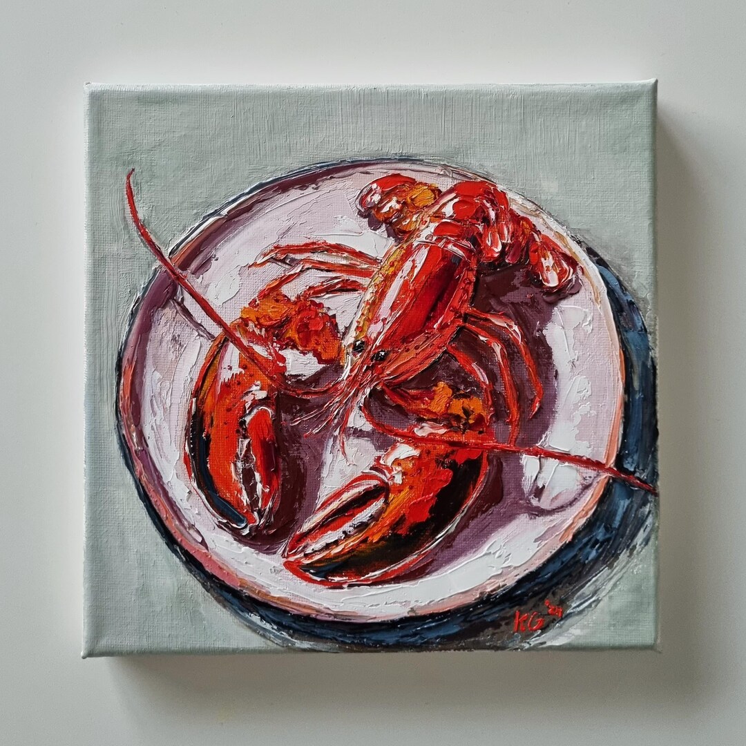 Original Lobster Painting, Seafood Art, 20x20cm, Still Life Painting ...