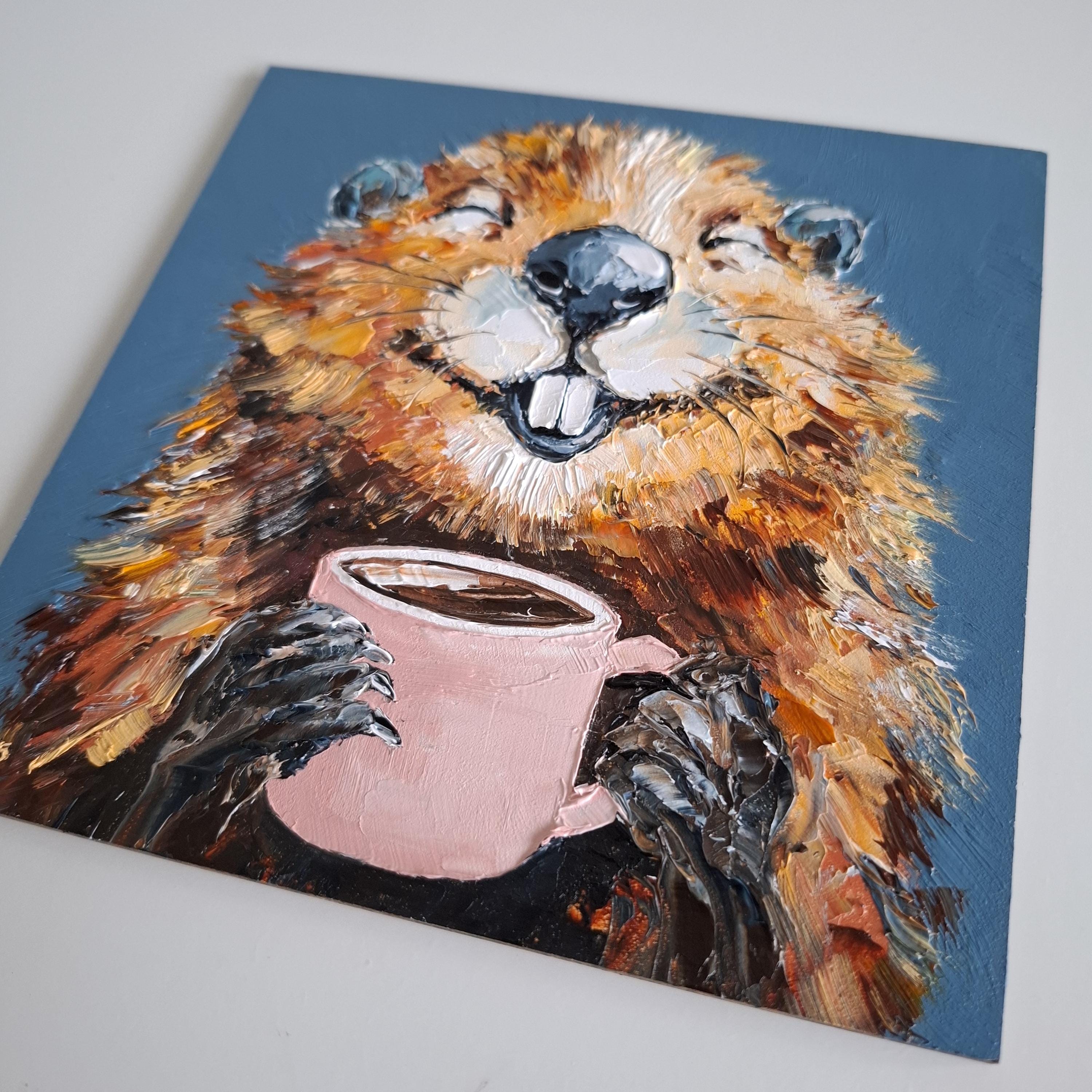 Original Oil Painting of Beaver Enjoying a Cup of Coffee, Unique Art - Etsy