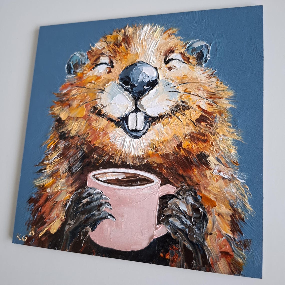 Original Oil Painting of Beaver Enjoying a Cup of Coffee, Unique Art - Etsy