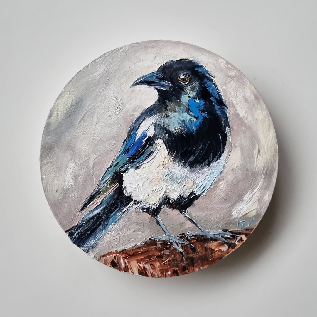Magpie Painting, Bird Portrait, Wildlife Oil Painting on 15cm Wooden ...