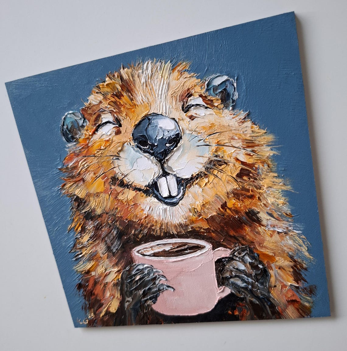 Original Oil Painting of Beaver Enjoying a Cup of Coffee, Unique Art - Etsy