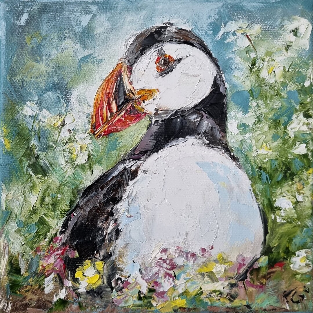 Original Oil Painting, Puffin Portrait, Oil on Stretched Canvas ...