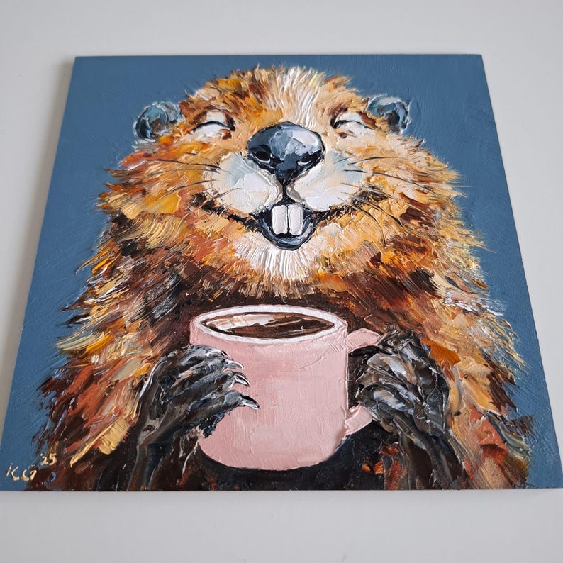 Original Oil Painting of Beaver Enjoying a Cup of Coffee, Unique Art - Etsy