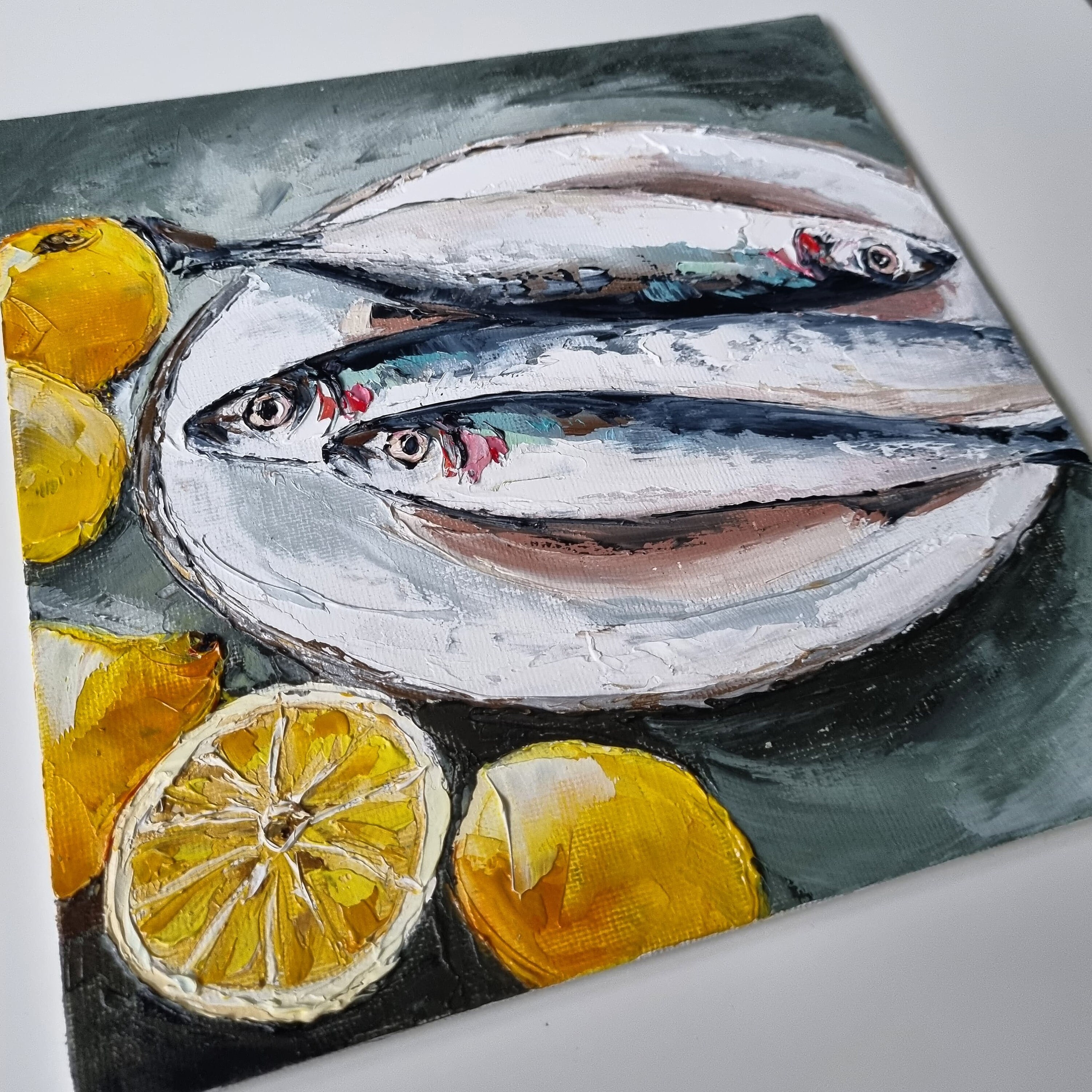 Original Fish Painting Sardines With Lemons 8x8 Inches - Etsy