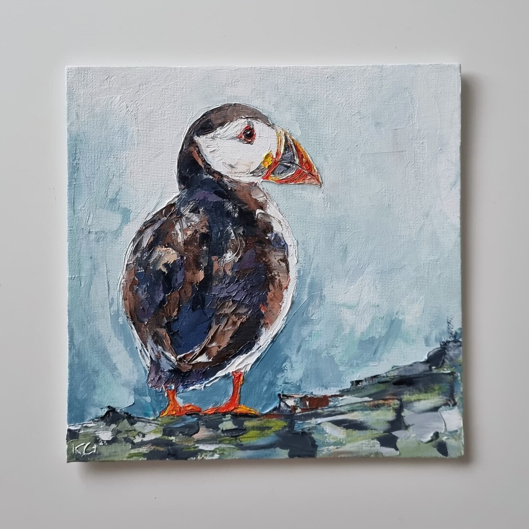 Original Puffin Painting, Oil on Canvas Panel, Bird Painting, Small ...