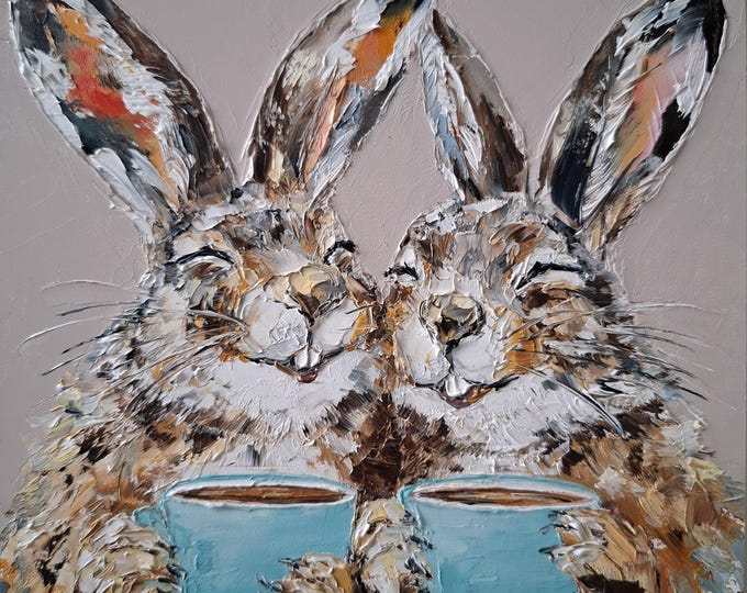 Original Oil Painting of Two Hares Enjoying Coffee, Funny Art, 6x6" - Etsy
