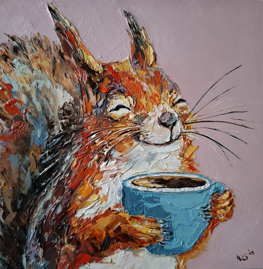 Oil Painting of Squirrel Enjoying a Cup of Coffee, Wildlife Original ...