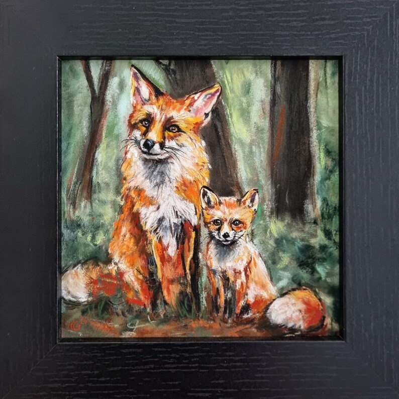 Original Art Fox Painting Fox With Baby Fox Portrait Pastel - Etsy