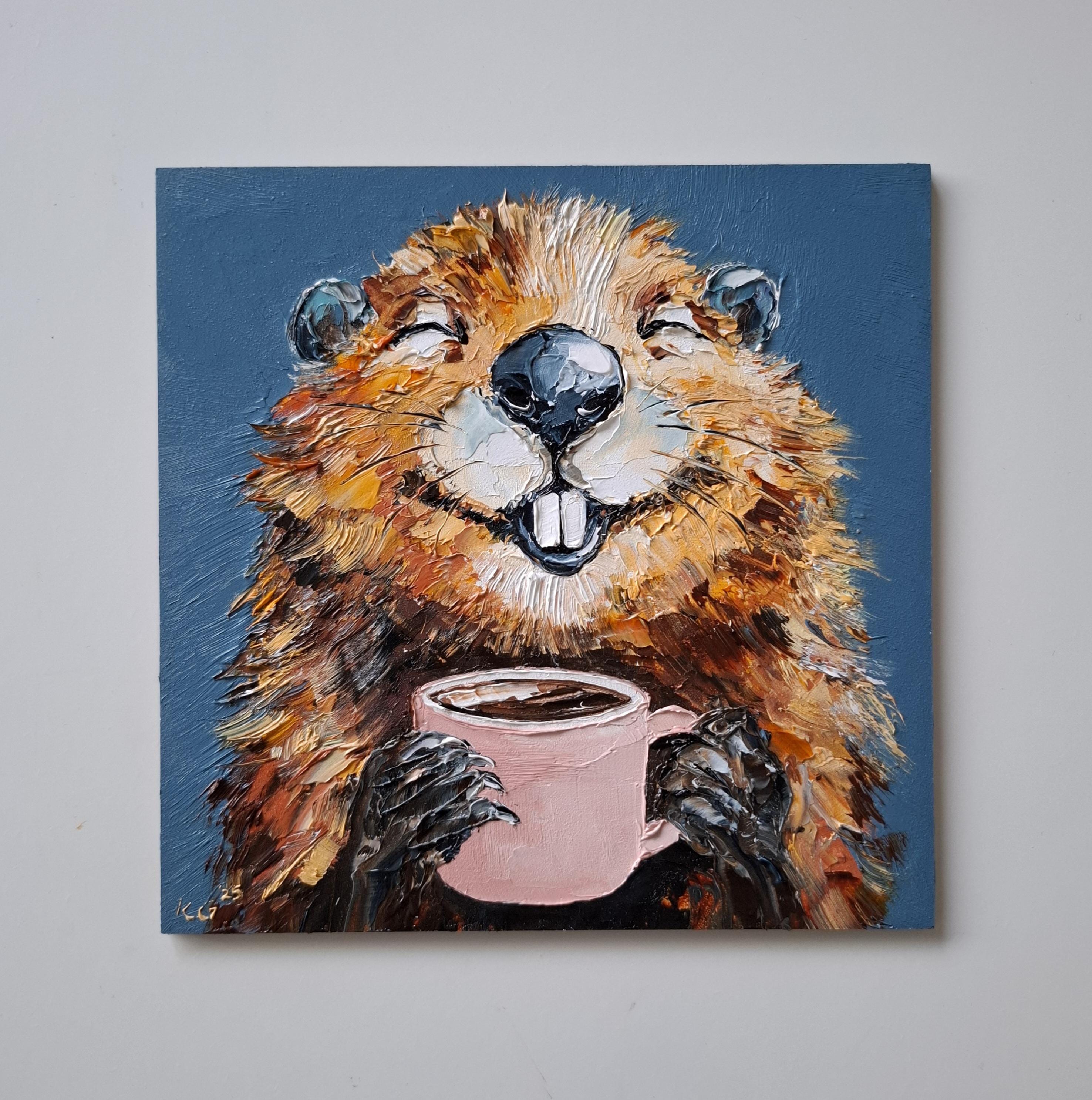 Original Oil Painting of Beaver Enjoying a Cup of Coffee, Unique Art - Etsy