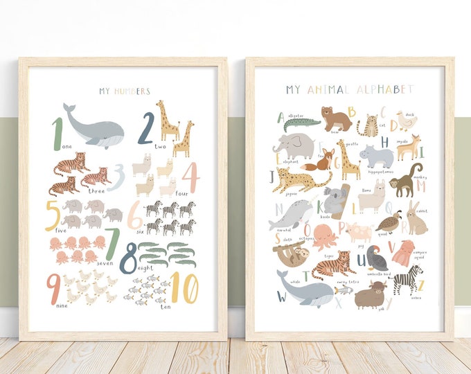 Animal Alphabet and Numbers Print Set, Educational Prints, Scandi ...
