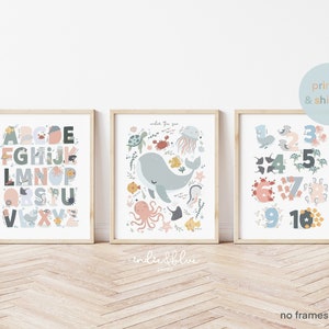 Sea Animals Alphabet Print, Set of 3 Sea Animals Print, Under the Ocean ...