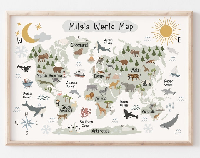 Childrens World Map Various Colours and Personalised Animal World Map ...