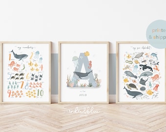 Sea Animals Alphabet Print, Set of 3 Sea Animals Print, Under the Ocean ...