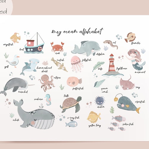 Sea Animals Alphabet Print Ocean Nursery Decor Under the - Etsy