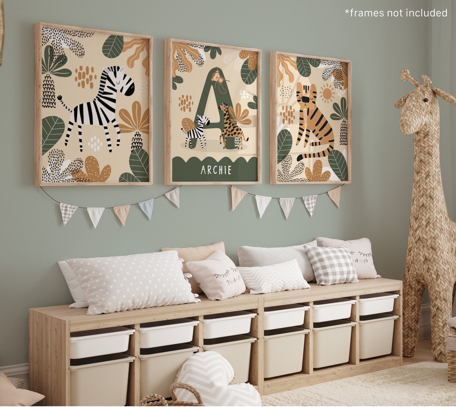Set of 3 Personalised Safari Animals Nursery Prints, Name Print, Tiger ...