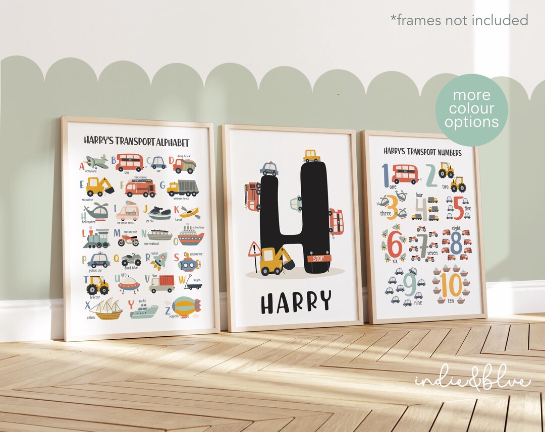 Set of 3 Personalised Transport Posters, Vehicle Alphabet Print, Cars ...