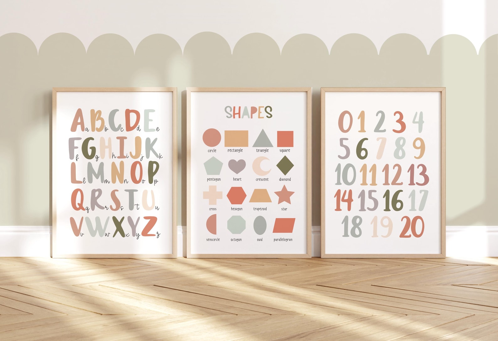 Set of 3 Educational Nursery Prints, Shapes Print, Alphabet Chart ...